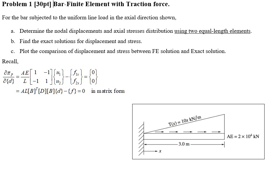 Problem 1 [30pt] Bar-Finite Element with Traction force. For the bar subjected to the uniform ...