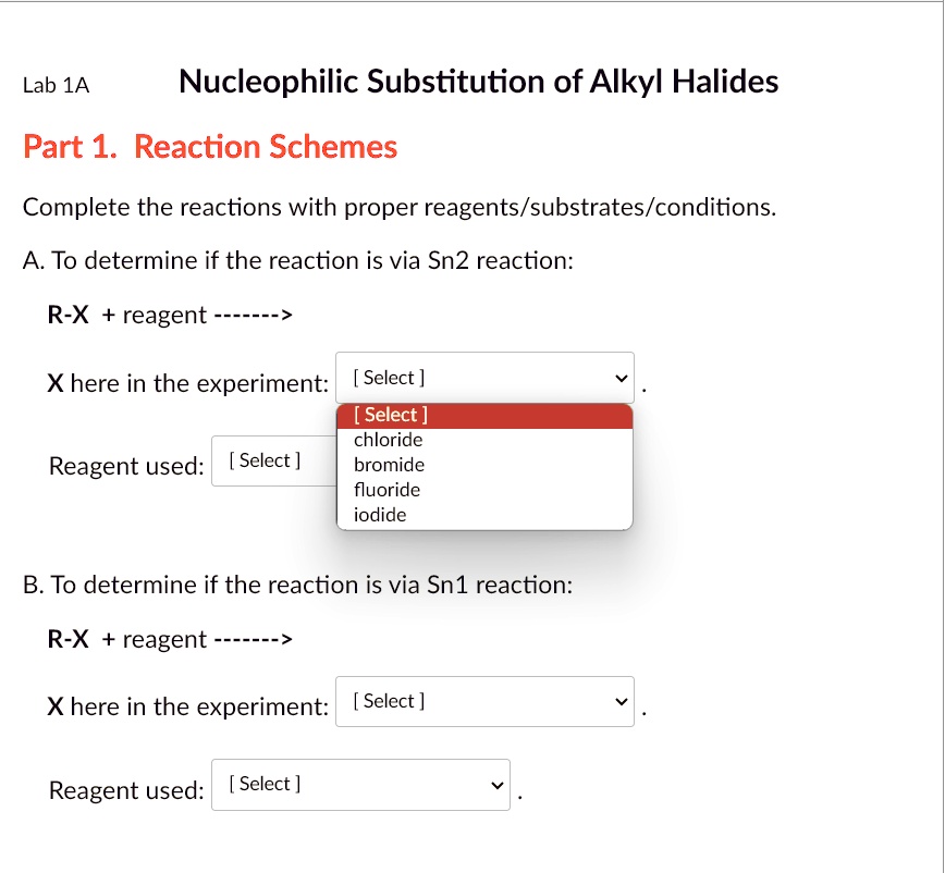 lab 1a nucleophilic substitution of alkyl halides part 1 reaction schemes complete the reactions ...