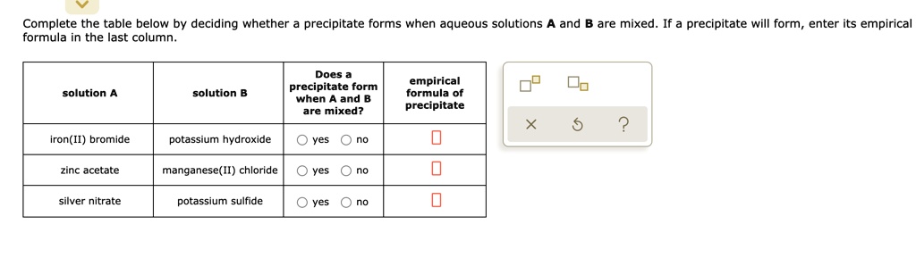 Complete the table below by deciding whether a precipitate forms when ...