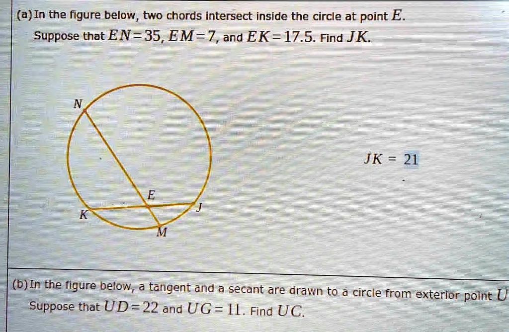SOLVED: (a) In the figure below, two chords intersect inside the circle at point E. Suppose that ...