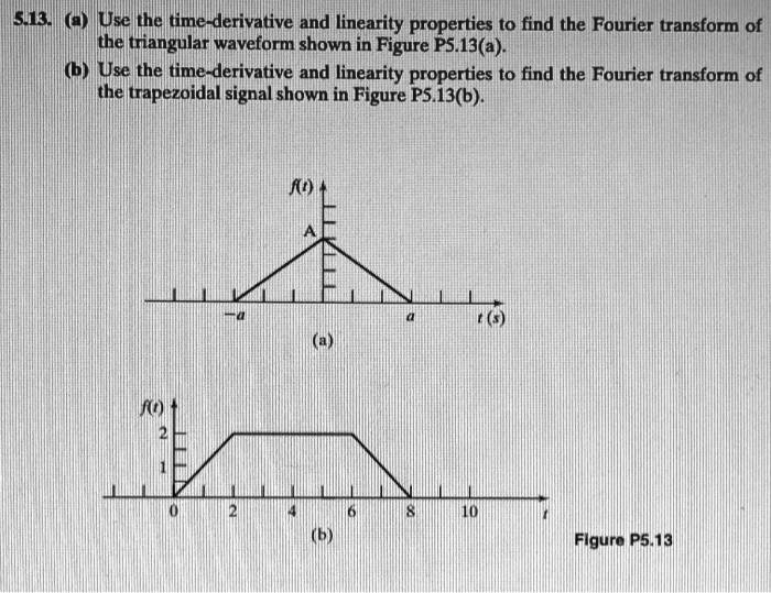 [GET ANSWER] 5.13. (a) Use the time-derivative and linearity properties to find the Fourier ...