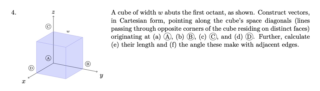 SOLVED: A cube of width w abuts the first octant, as shown. Construct ...