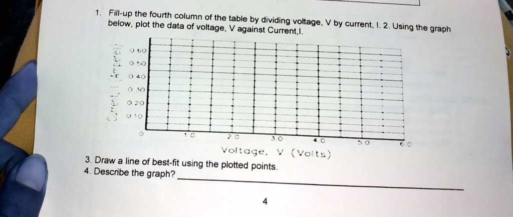 SOLVED: Fill up the fourth column of the table by dividing voltage, V by current, I. Then, using ...