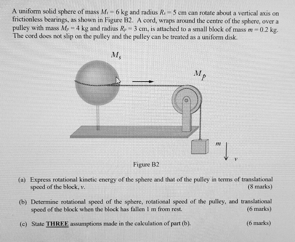 SOLVED: A uniform solid sphere of mass M = 6 kg and radius R = 5 cm can rotate about a vertical ...