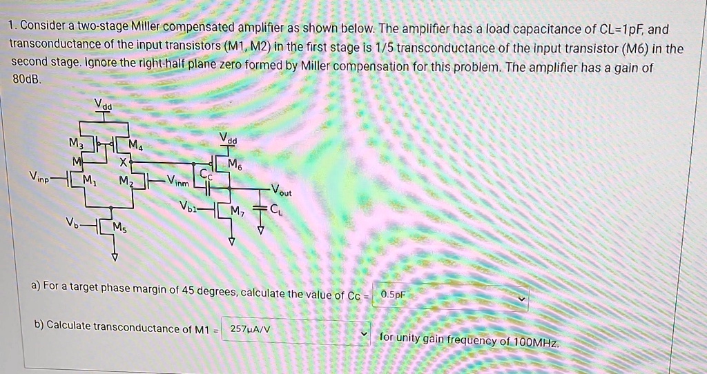 SOLVED: 1.Consider a two-stage Miller compensated amplifier as shown below.The amplifier has a ...