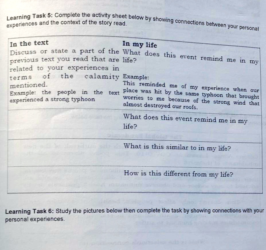 SOLVED: Learning Task 5: Complete the activity sheet below by showing connections between your ...