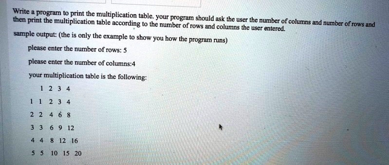 SOLVED: Write a program to print the multiplication table. Your program should ask the user for ...
