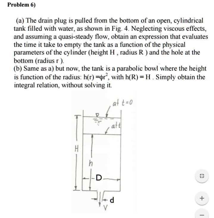 SOLVED: Problem 6) (a) The drain plug is pulled from the bottom of an open, cylindrical tank ...