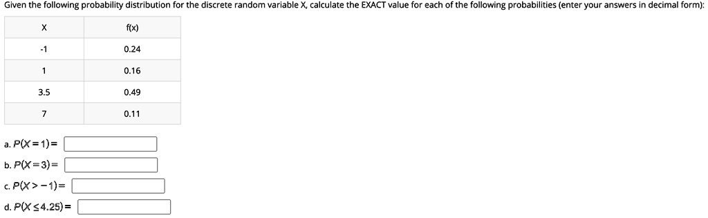 given the following probability distribution for the discrete random variable x calculate the ...