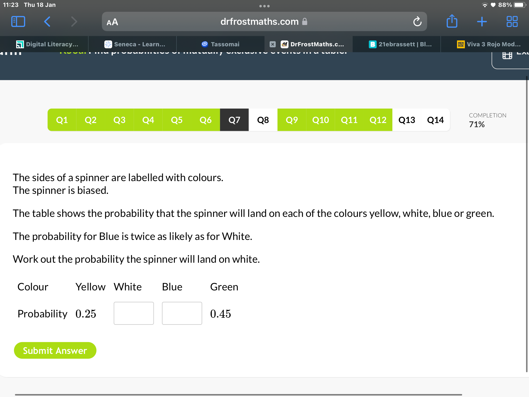 The sides of a spinner are labelled with colours. The spinner is biased ...