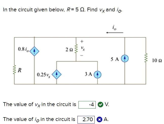 SOLVED: In the circuit given below, R = 5 . Find Vx and io 0.8i 20 109 R 0.2 The value of Vx in ...