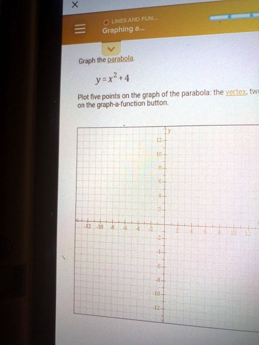 SOLVED: LINES AND FUNL Graphing a Graph Ihe parabola: Yex2+4 Plot five points on the graph of ...