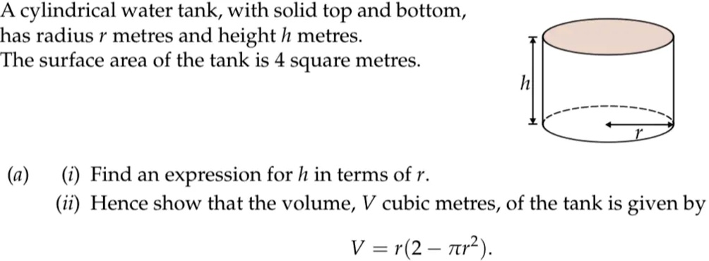 SOLVED: A cylindrical water tank, with solid top and bottom, has radius ...