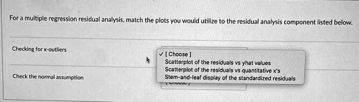 SOLVED: For a multiple regression residual analysis, match the plots you would utilize to the ...