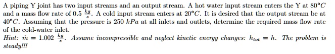 SOLVED: A piping Y joint has two input streams and an output stream. A hot water input stream ...