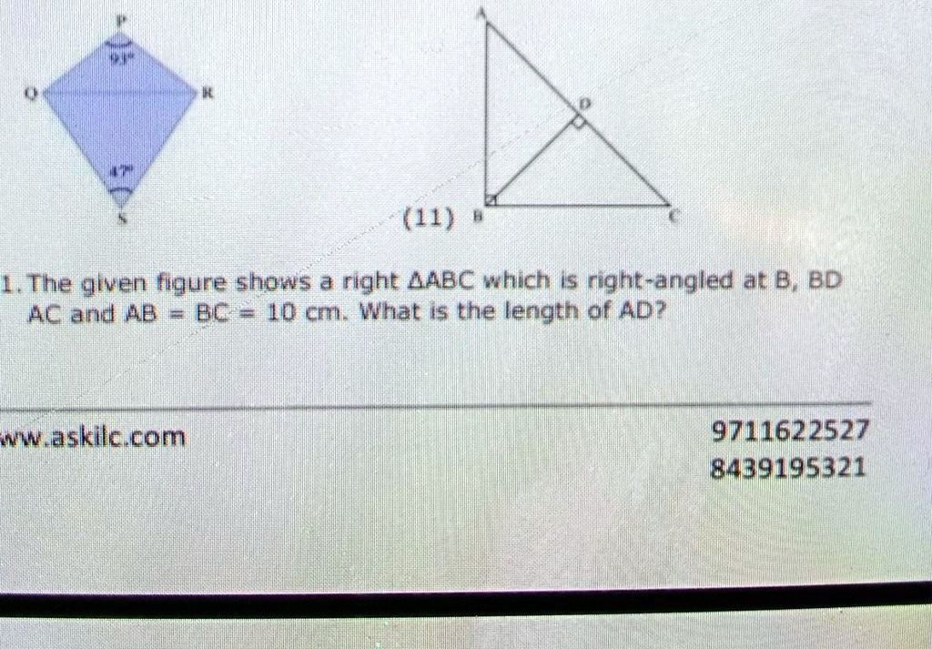 SOLVED: '11. The given figure shows a right AABC which is right-angled at B. BD AC and AB = BC ...