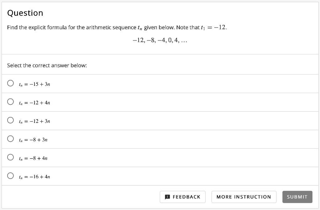 SOLVED: Question Find the explicit formula for the arithmetic sequence ...