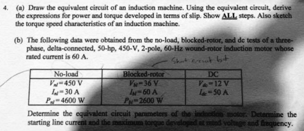 4. (a) Draw the equivalent circuit of an induction machine. Using the equivalent circuit, derive ...