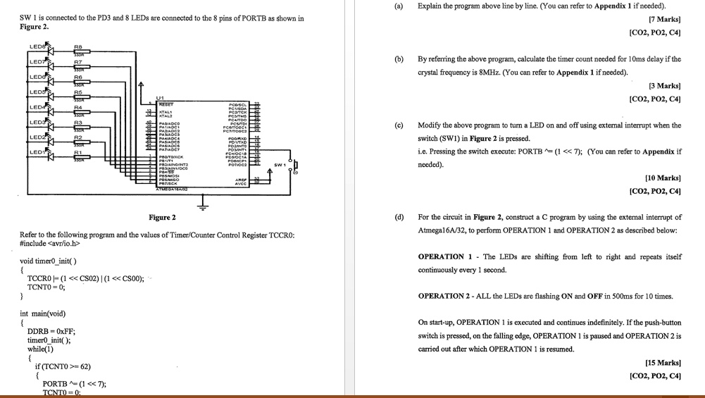 SW 1 is connected to the PD3 and 8 LEDs are connected to the 8 pins of ...