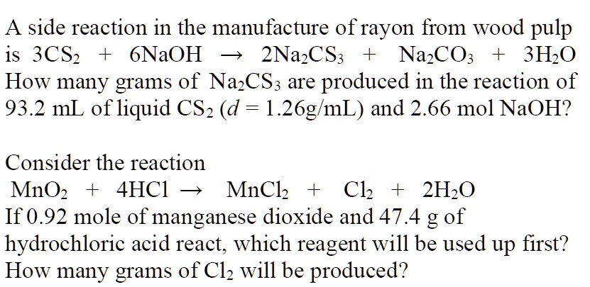 A side reaction in the manufacture of rayon from wood pulp is 3CS2 ...