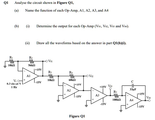 SOLVED: Analyse the circuit shown in Figure Q1. (a) Name the function of each Op-Amp, A1, A2, A3 ...