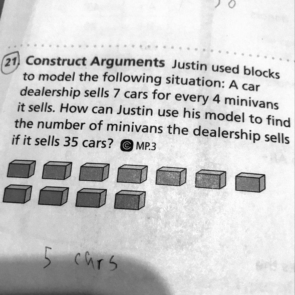 21. Construct Arguments Justin used blocks to model the following situation: A car dealership ...