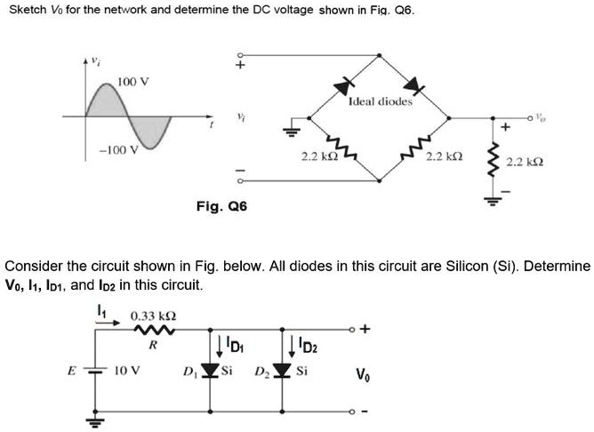 SOLVED: Sketch Vo for the network and determine the DC voltage shown in Fig.Q6 100V V 00 2.2k ...