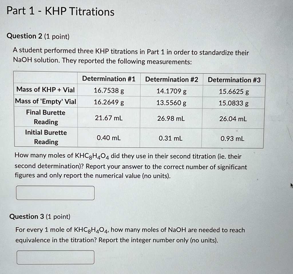 Part 1 - KHP Titrations Question 2 (1 point) A student performed three KHP titrations in Part 1 ...