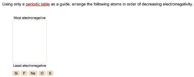 SOLVED: Using only periodic table as guide, arrange the following atoms in order of decreasing ...