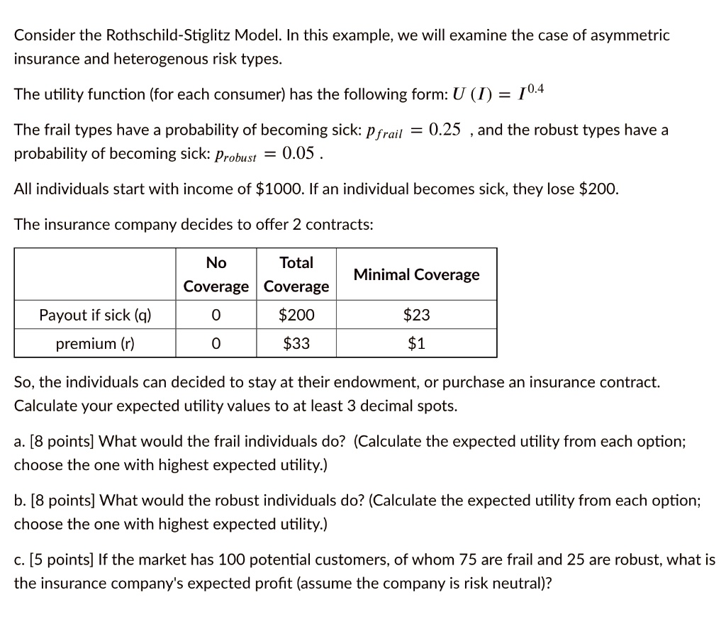 SOLVED: Consider the Rothschild-Stiglitz Model. In this example, we will examine the case of ...