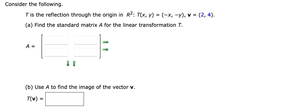 SOLVED: Consider the following: T is the reflection through the origin in R2: T(x, y) = (-x, -y ...
