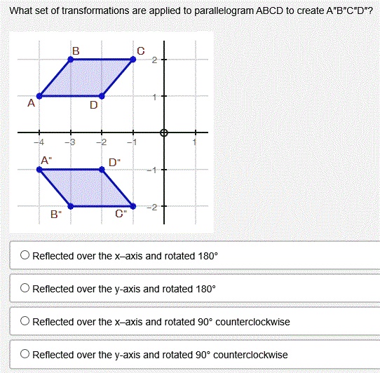 SOLVED: What set of transformations are applied to parallelogram ABCD to create A"B"C"D ...