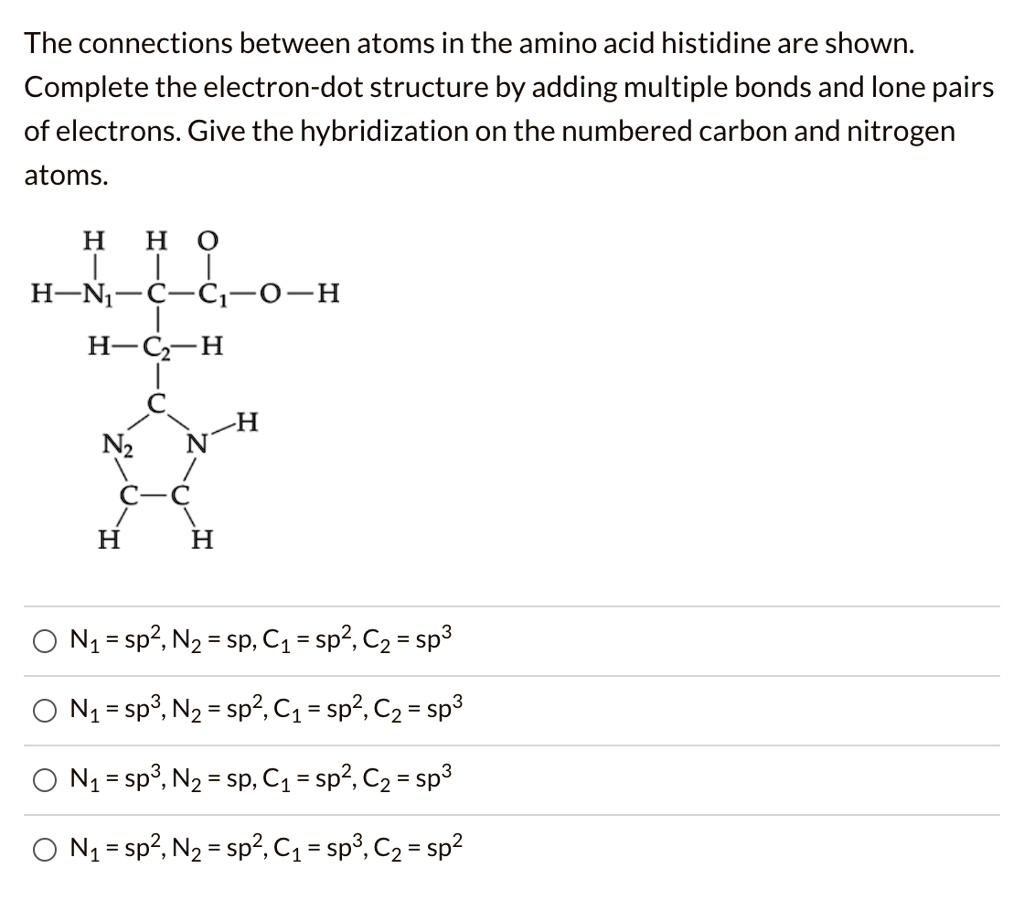 the connections between atoms in the amino acid histidine are shown ...