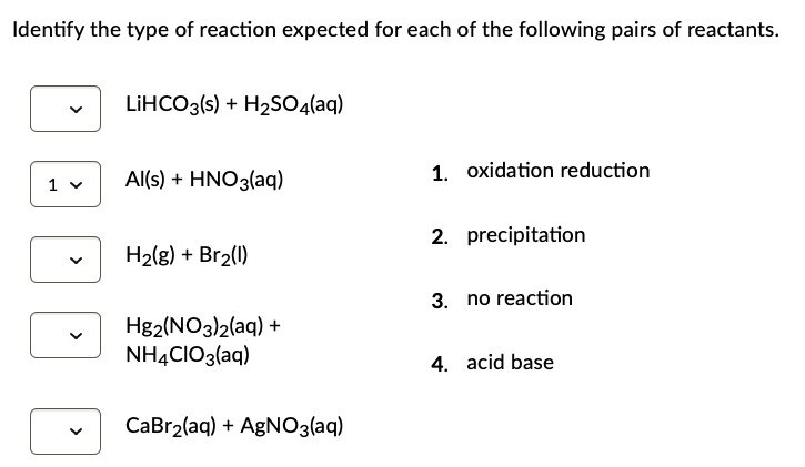 Identify the type of reaction expected for each of the following pairs ...