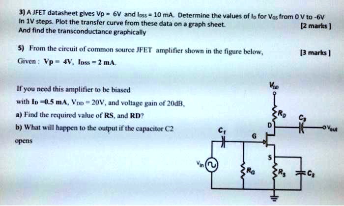 SOLVED: 3) A JFET datasheet gives Vp = 6V and Idss = 10 mA. Determine the values of Id for Vgs ...