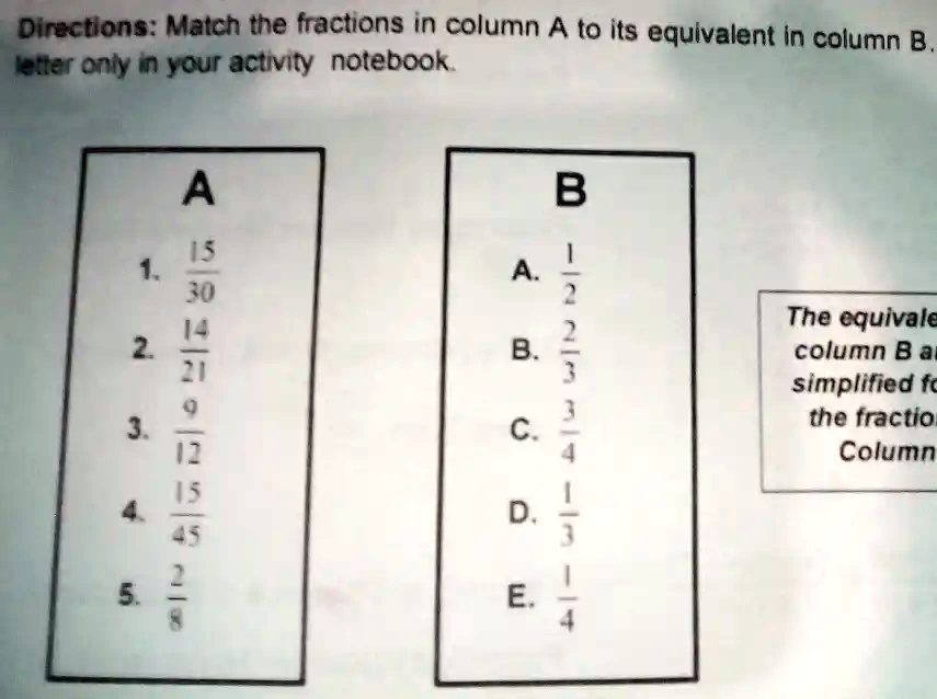 SOLVED: Directions: Match the fractions in column A to its equivalent in column B. A B 1. 15/25 ...