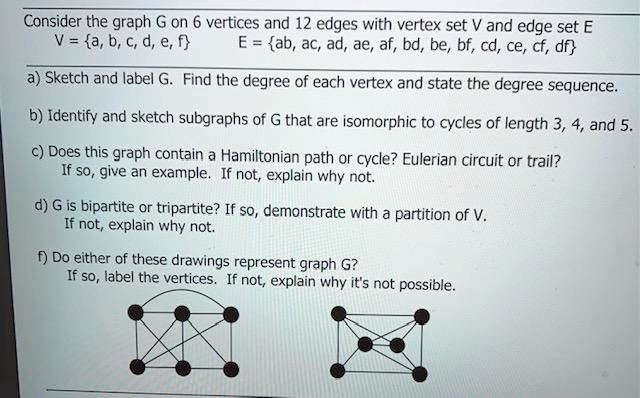 SOLVED: Consider the graph G on 6 vertices and 12 edges with vertex set V and edge set E V = a ...