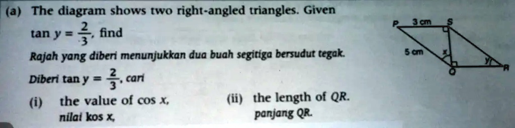 The diagram shows two right-angled triangles. Given tan y = 2, find: (i) the value of cos x (ii ...