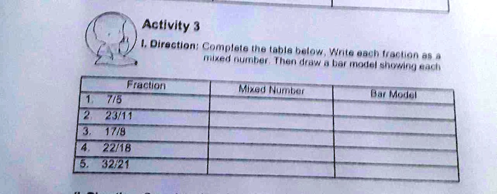 SOLVED: "complete the table below, write each fraction as a mixed number. then draw a bar model ...
