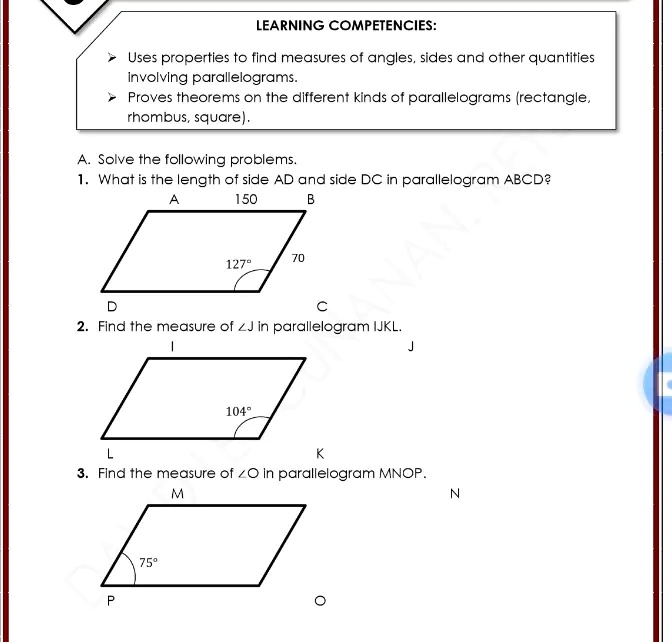 SOLVED: Learning Competencies: Uses properties to find measures of angles, sides, and other ...