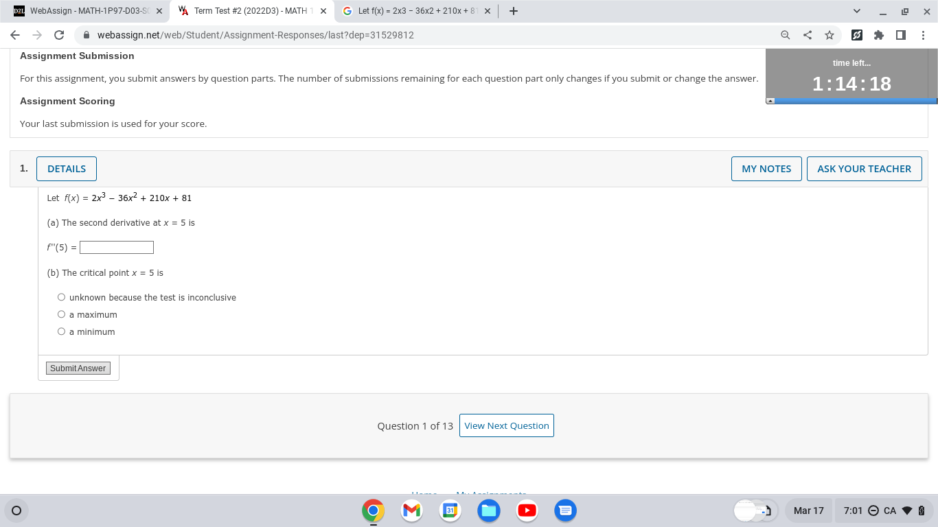 SOLVED: D2LL WebAssign - MATH-1P97-D03-SC × WA Term Test #2 (2022 D 3 ...
