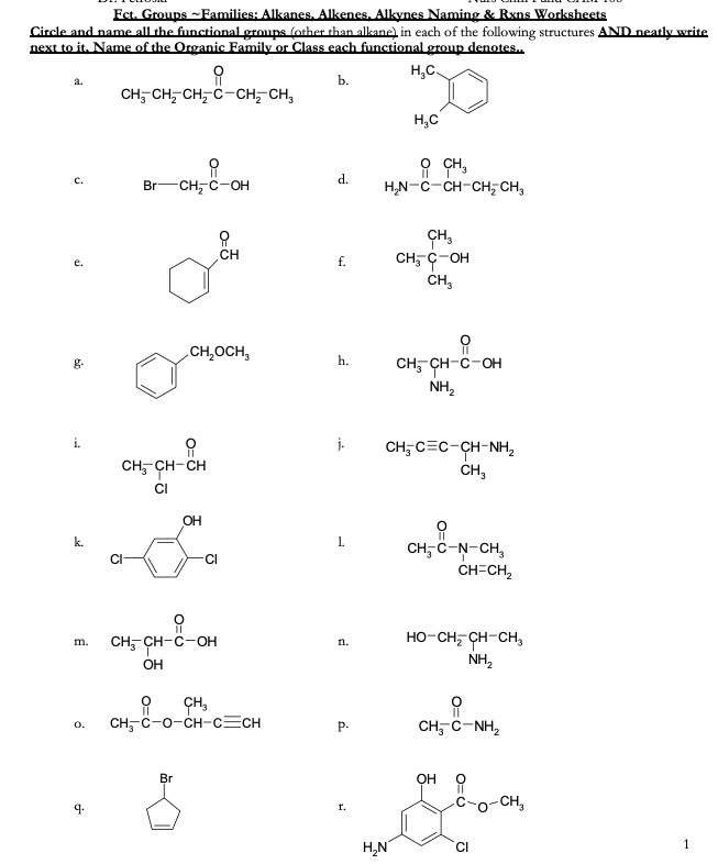 Fct. Groups ∼ Families: Alkanes, Alkenes, Alkynes Naming & Rxns Worksheets Circle and nameall ...