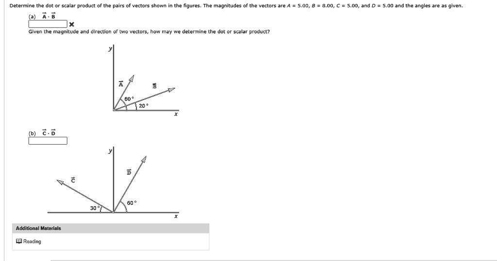 SOLVED: Determine the dot or scalar product of the pairs of vectors ...