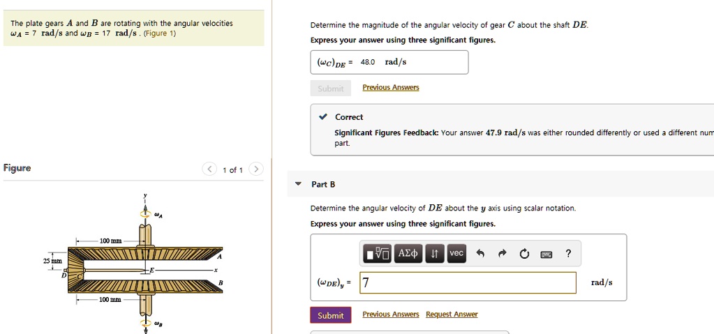 SOLVED: The plate gears A and B are rotating with the angular velocities Ï‰ = 7 rad/s and Ï ...
