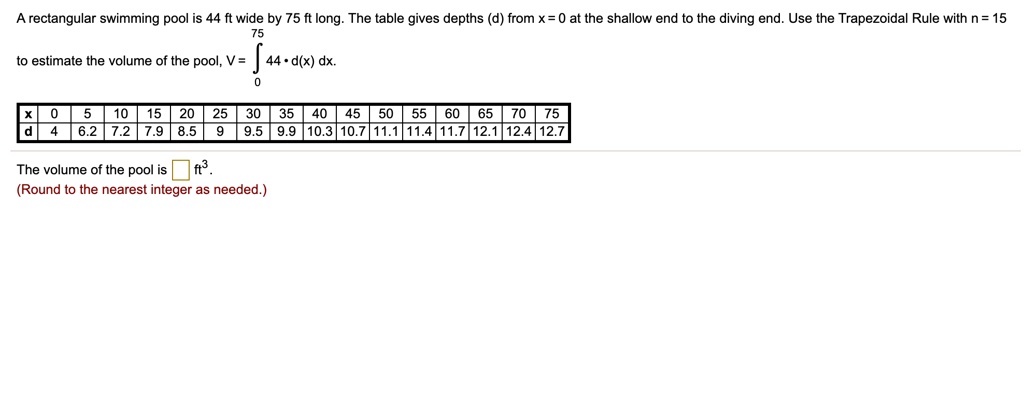 SOLVED: A rectangular swimming pool is 44 ft wide by 75 ft long. The ...