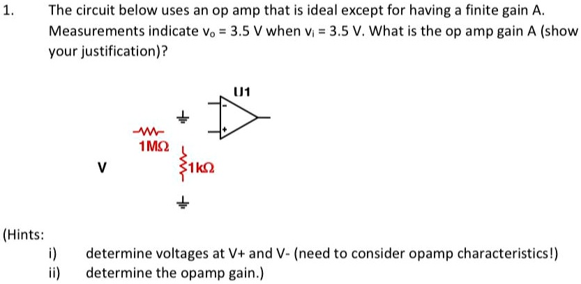 The circuit below uses an op amp that is ideal except for having a finite gain A. Measurements ...