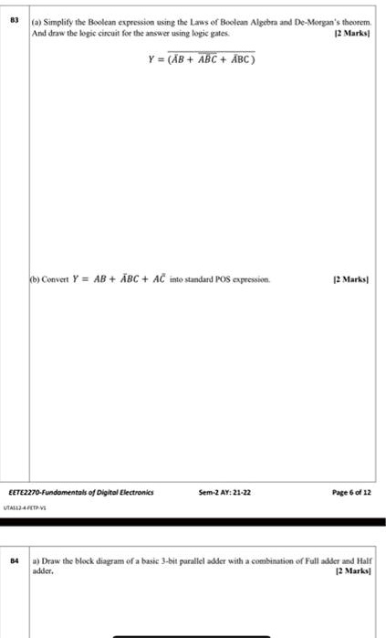 SOLVED: Simplify the Boolean expression using the Laws of Boolean Algebra and De Morgan's ...