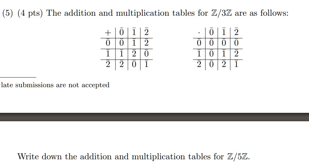 SOLVED: (5) pts) The addition and multiplication tables for Z/3Z are as follows: 2 2 2 late ...