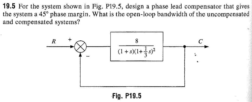 SOLVED: 19.5 For the system shown in Fig. P19.5, design a phase lead ...