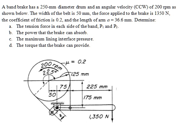 SOLVED: A band brake has a 250-mm diameter drum and an angular velocity ...